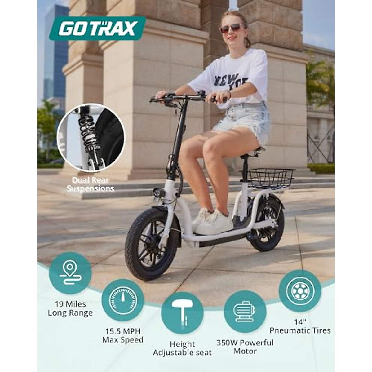 Gotrax Astro Electric Scooter with Seat, 14" Pneumatic Tire and 19 Miles Range&15.5Mph Power by 350W Motor, Comfortable Rear Dual Shock Absorption&Wider Seat, EBike with Carry Basket for Adult White