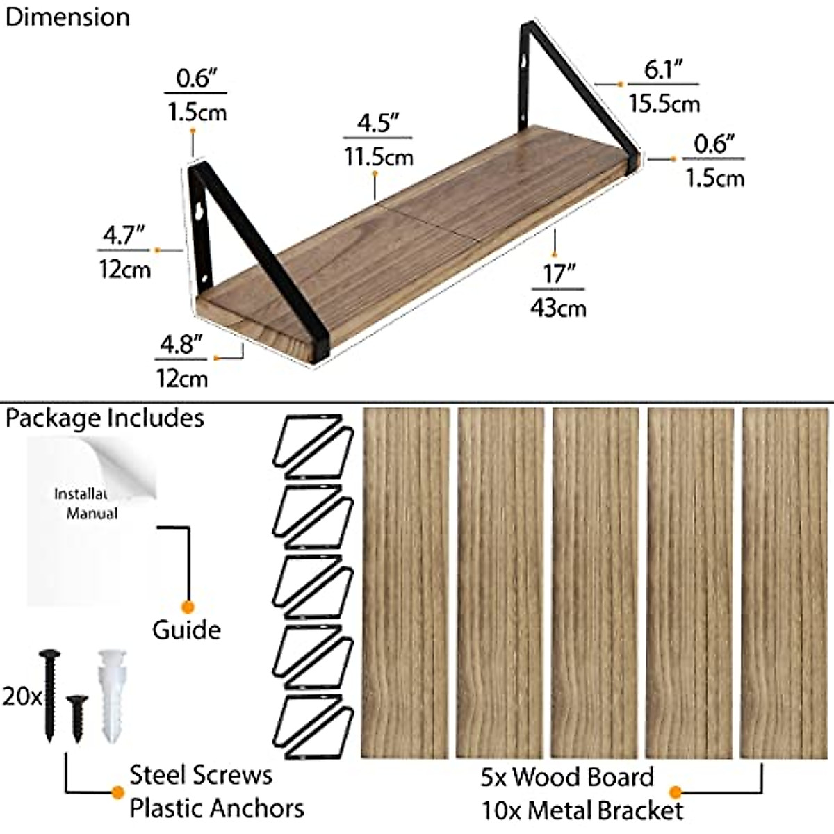 Wallniture Ponza Wood Floating Shelves for Wall Storage, Natural Burned Small Bookshelf Set of 5