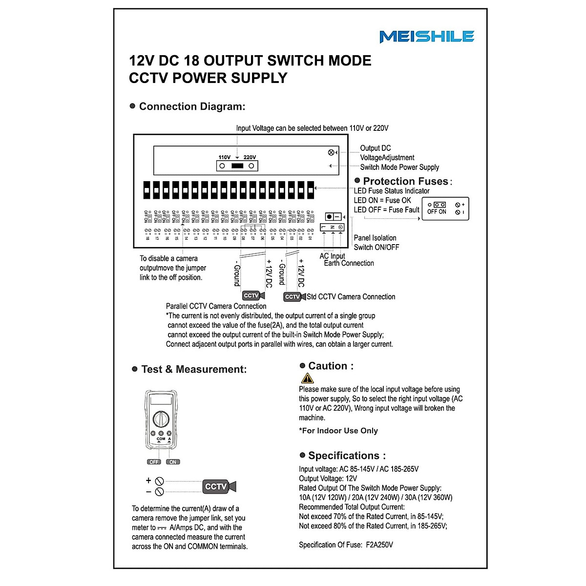 18 Port Channel 12V 2A CCTV Power Supply Box AC-DC Distributed Cabinet 1.5/1/0.5A Security Cameras DVR Converter Transformer Drive LED Light Strip Lamp Electric Model PSU SMPS 12Volt 30Amp 360Watt