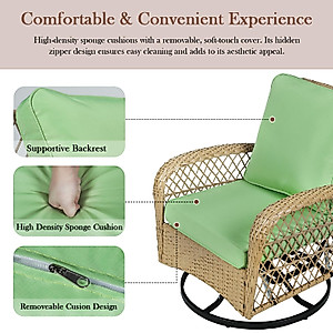 FUNKOCO 3 Pieces Outdoor Swivel Glider Rocker, Rattan Woven Patio Furniture Set, Wicker Patio Bistro Set with Washable Cushions and Glass Table for Garden, Porch, Backyard