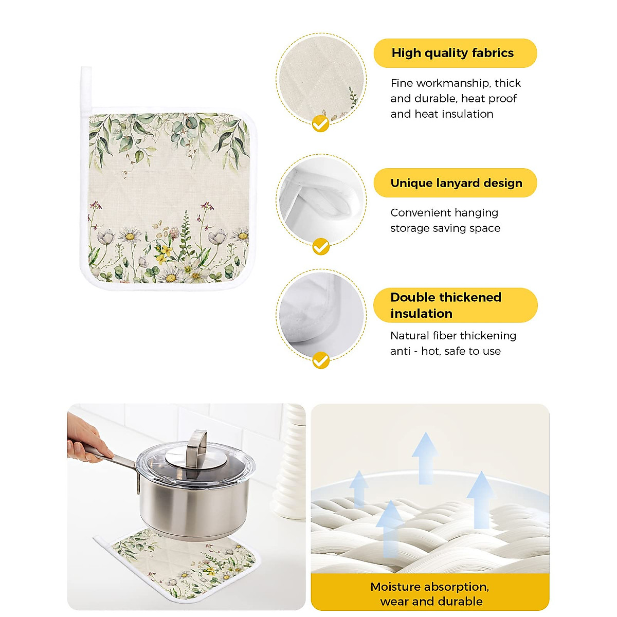 Spring Floral Pot Holders for Kitchen Heat Insulation, Weeping Eucalyptus Leaves Botanical Summer Flowers Daisy Potholders Hot Pads with Hanging Loop, Washable Pot Holder Trivet for Cooking 5 Pack