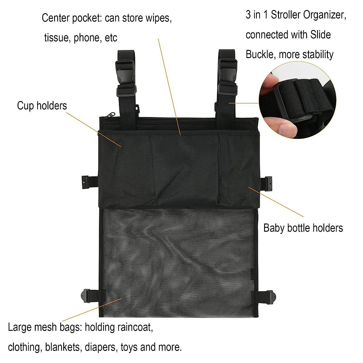 Beautyflier Mesh Stroller Organizer with Extra Large Storage, Universal Stroller Caddy Baby Cup Holders Diaper Storage Accessories Compact Design Fit Any Strollers, Black