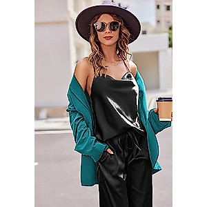 Ekouaer Pjs Women's Summer Silk Pajamas Plus Size Satin Shirt and Long Pants 2 Piece Lounge Tracksuit Outfits Set Black,XX-Large