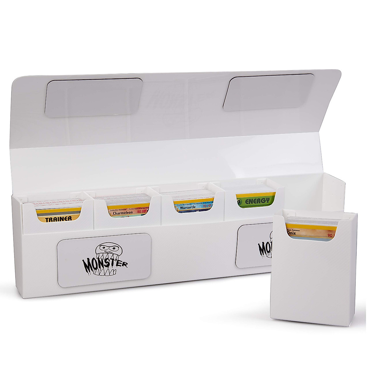 Monster Protectors Magnetic Five Deck Box - White, Holds 375 Gaming TCGs, Self-Locking Closure, Compatible w Standard & Smaller Size Gaming Trading Cards, Removable Construction