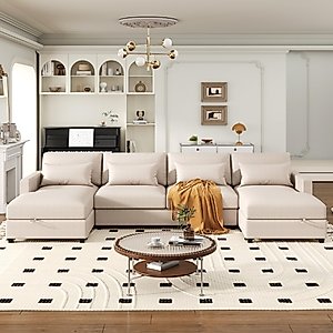 JULYFOX U Sectional Couch with 2 Storage Lounge Chaise, 128 inch Wider Sectional Sofa with 58 in Long Chaise Storage Box Underneath Thick Padded Seat Back Cushions Mid Century Modern,Beige