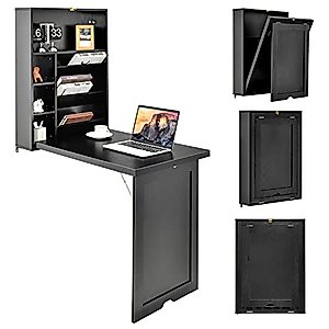 Tangkula Wall Mounted Desk, Fold Out Convertible Floating Desk, Multi-Function Murphy Desk for Home Office, Space Saving Computer Desk Hanging Table with Storage Area (Black)