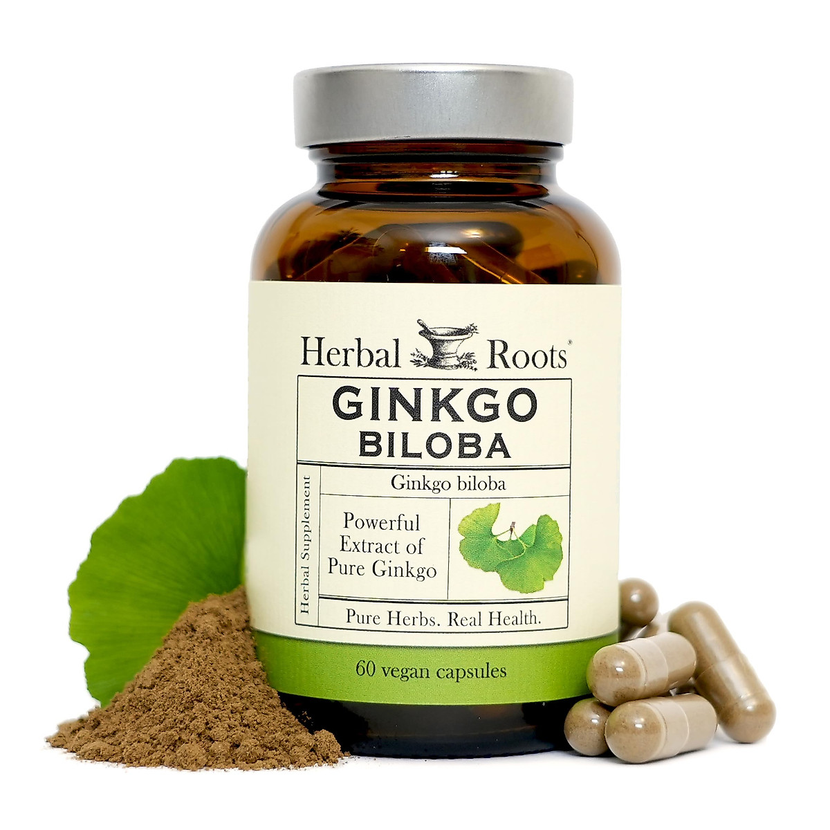 Herbal Roots Organic Ginkgo Biloba Made with Pure Organic Ginkgo Leaf - 1,400mg per Serving, 60 Vegan Capsules
