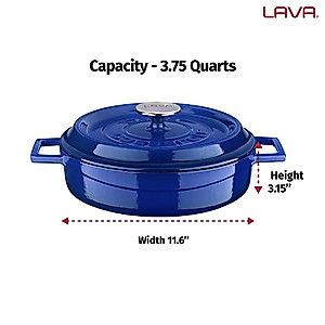 LAVA 3.7 Quart Enameled Cast Iron Braiser: Multipurpose Stylish Blue Round Dutch Oven Pot with Glossy Sand-Colored Three Layers of Enamel Coated Interior and Trendy Lid