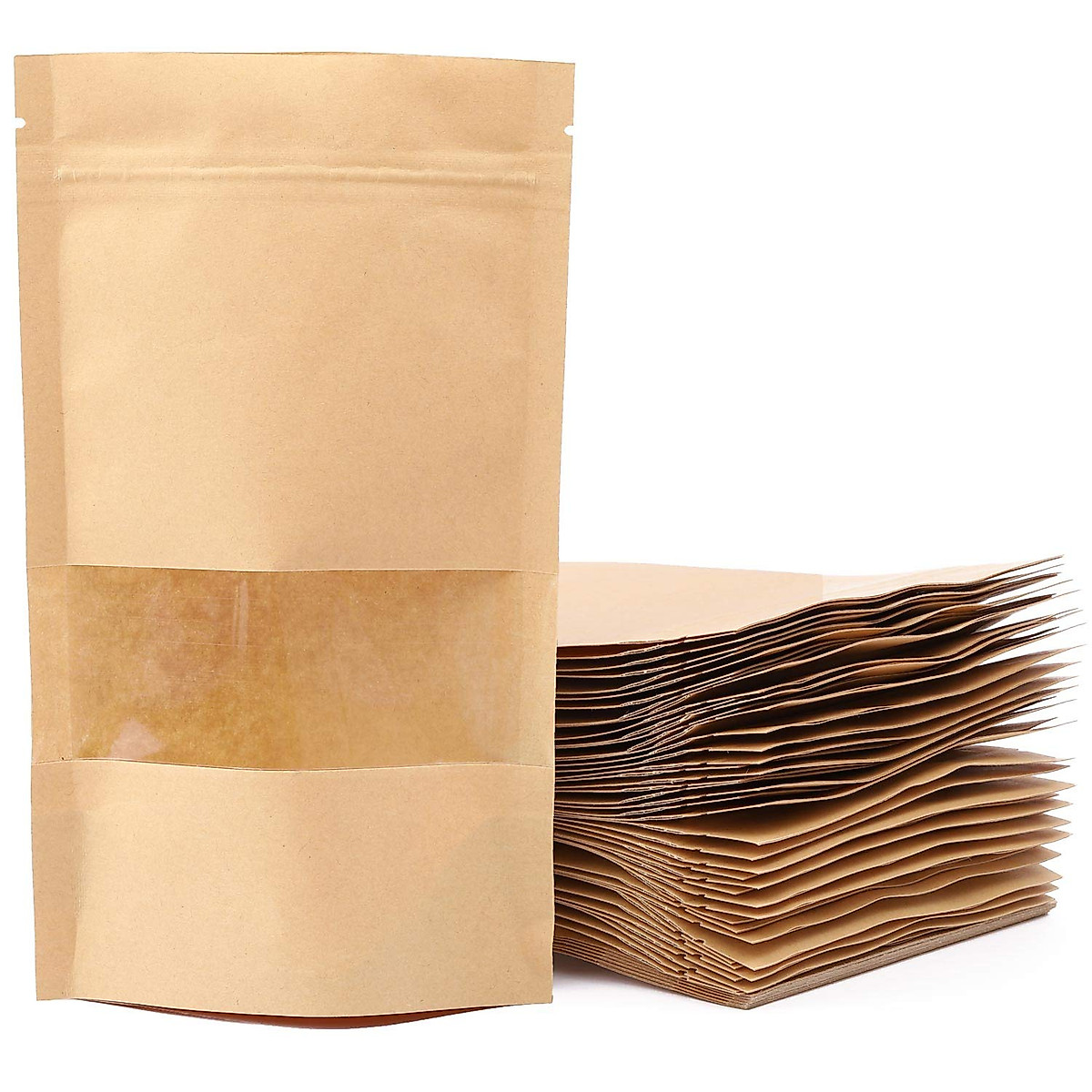 100pcs Kraft Paper Treat Bags with Window, Ziplock Stand Up Pouches for Packing Food Cookies Snacks