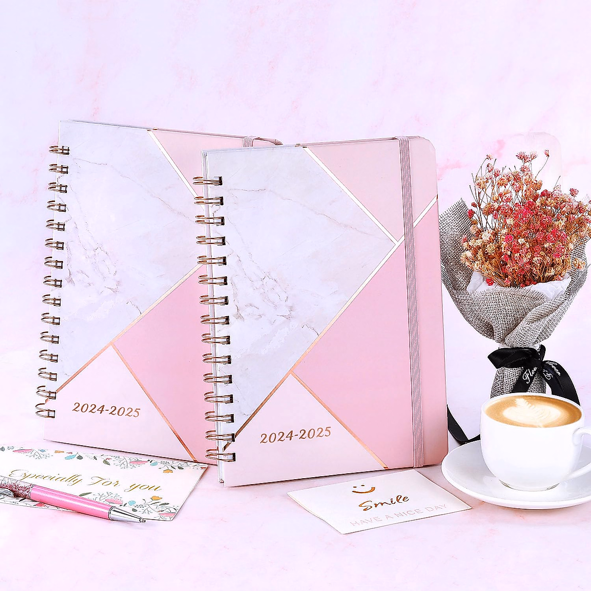 2024-2025 Planner - July 2024 - June 2025, Planner 2024-2025, 6.3" x 8.4", 2024-2025 Weekly and Monthly Planner with Marked Tabs - Pink Marble