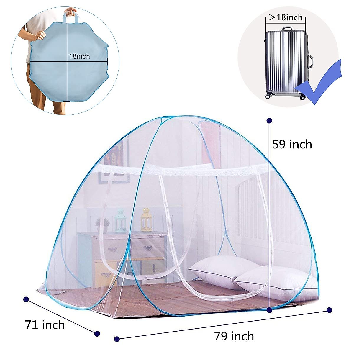 AMMER Pop-Up Mosquito Net Tent for Beds Portable Folding Design with Net Bottom for Baby Adults Trip (79 x71x59 inch)