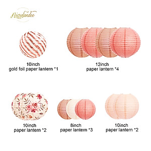 NICROLANDEE Wedding Party Decorations - 12PCS Rose Gold Vintage Floral Paper Lanterns Hanging Decorations for Engagement, Anniversary, Bridal Shower, Baby Shower, Bachelorette, Birthday Party
