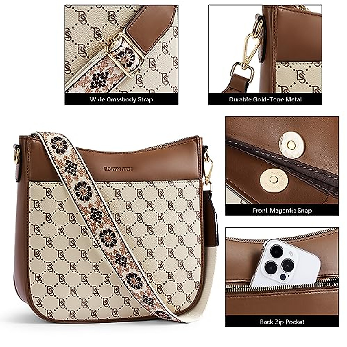 BOSTANTEN Crossbody Bags for Women Trendy Vegan Leather Hobo Purses Shoulder Handbags With Wide Shoulder Strap Coffee with Beige