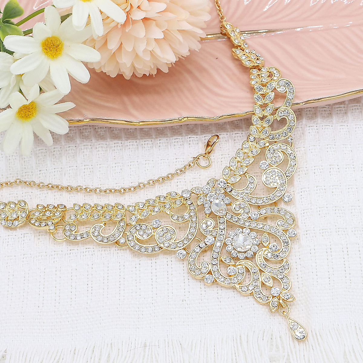 Oriamour Gold Prom Jewelry Wedding Jewelry Set Bridal Necklace Rhinestone Earrings Bracelets (Gold)