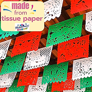Mexican Independence Day Party Banners Tri-color (Red, green and white), Papel Picado for Fiestas Patrias 83 feet total, Pre assembled on string for easy hanging