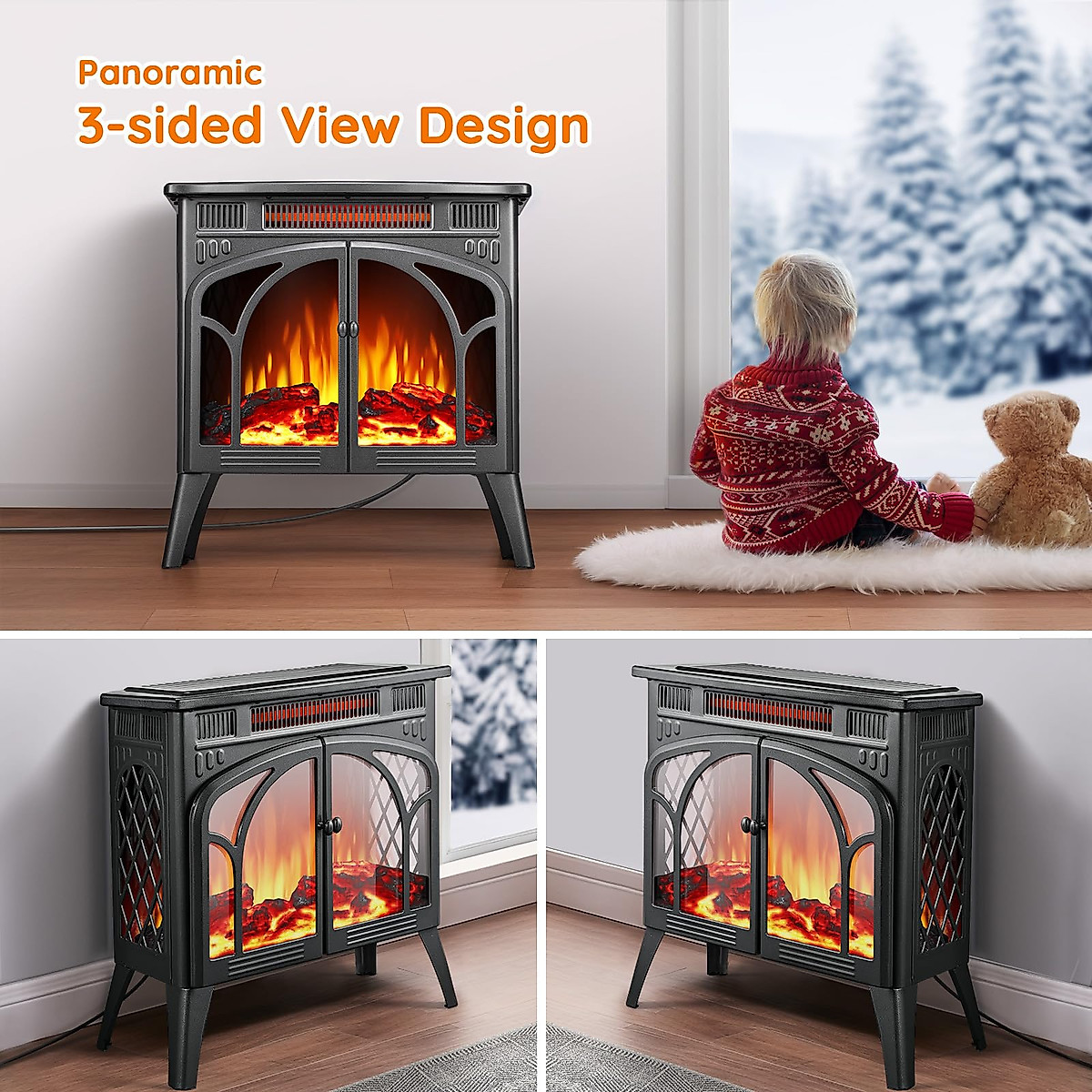 Rintuf Electric Fireplace Heater, 1500W Infrared Fireplace Stove w/3D Realistic Flame, 5100BTU Freestanding Electric Stove Heater with Remote Control, 8H Timer, Ideal for Indoor Outdoor Home Use