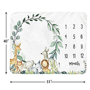Baby Monthly Milestone Blanket Boy - Jungle Animals Newborn Month Blanket Neutral Safari Personalized Shower Gift Eucalyptus Leaf Wreath Nursery Decor Photography Background Prop with Frame 51''x40''
