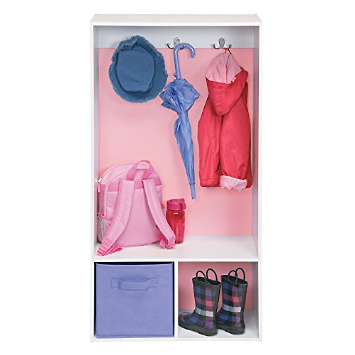 ClosetMaid KidSpace Wood Locker, 2 Cubby Cube Compartments Open Storage, 3 Hooks, for Coats, Backpacks, Jackets, White Finish, 47-Inch