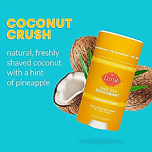 Lume Solid Deodorant Stick - Whole Body Deodorant - Aluminum-Free, Baking Soda-Free, Hypoallergenic, Safe For Sensitive Skin - 2.6 Ounce Solid Stick (Coconut Crush)