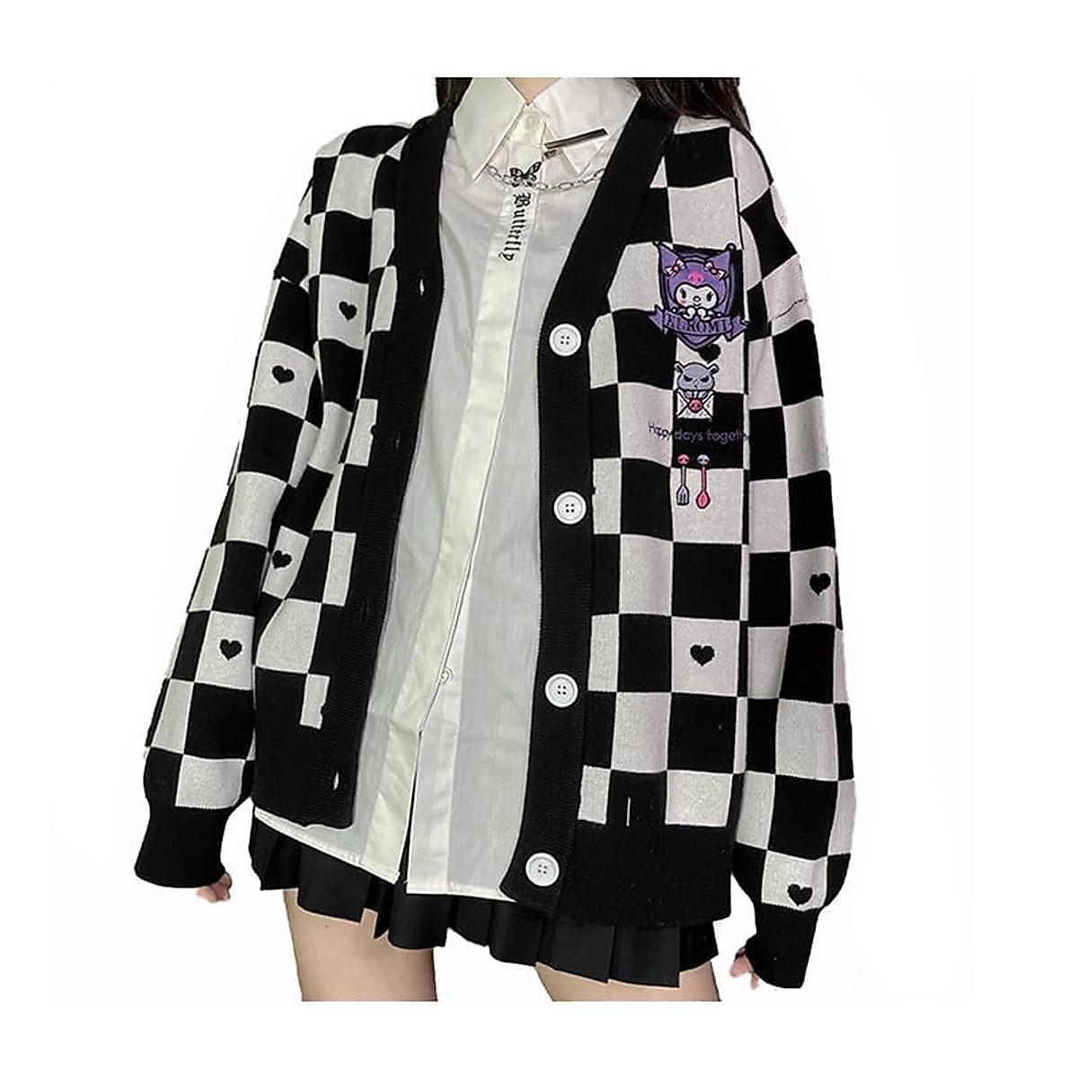 Kawaii Sweater Black Plaid Anime Cardigan Sweater for Women Cosplay Costume V Neck Long Sleeve Women's Button Knitted Outerwear JK Uniform S