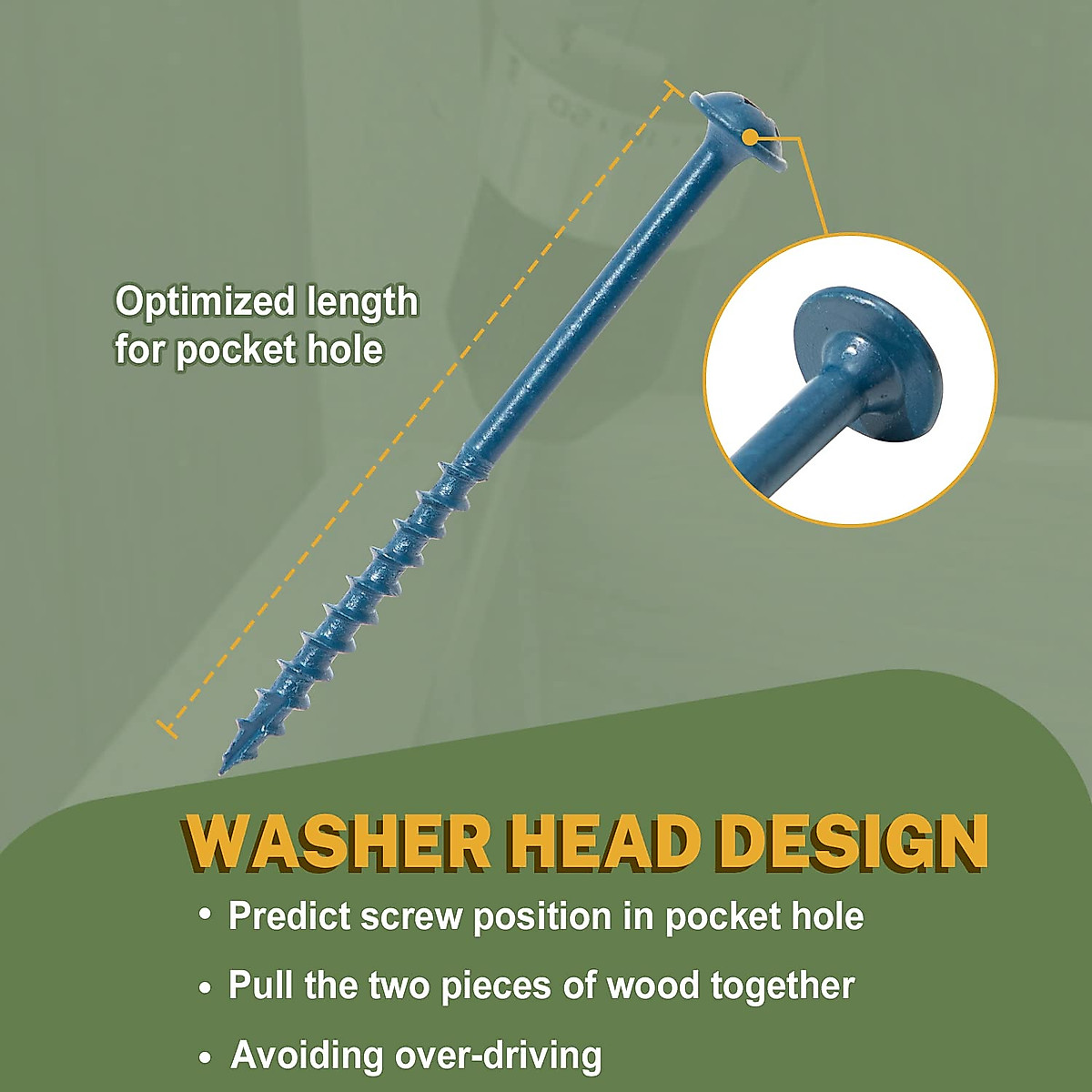 LIONMAX Pocket Wood Screws #8 x 2-1/2", 150PCS Wood Screws for Pocket Hole, Washer Head with Square Drive, Coarse Thread, Blue Coated for Weather Resistant, Self Tapping, 150MM Drive Bit Included