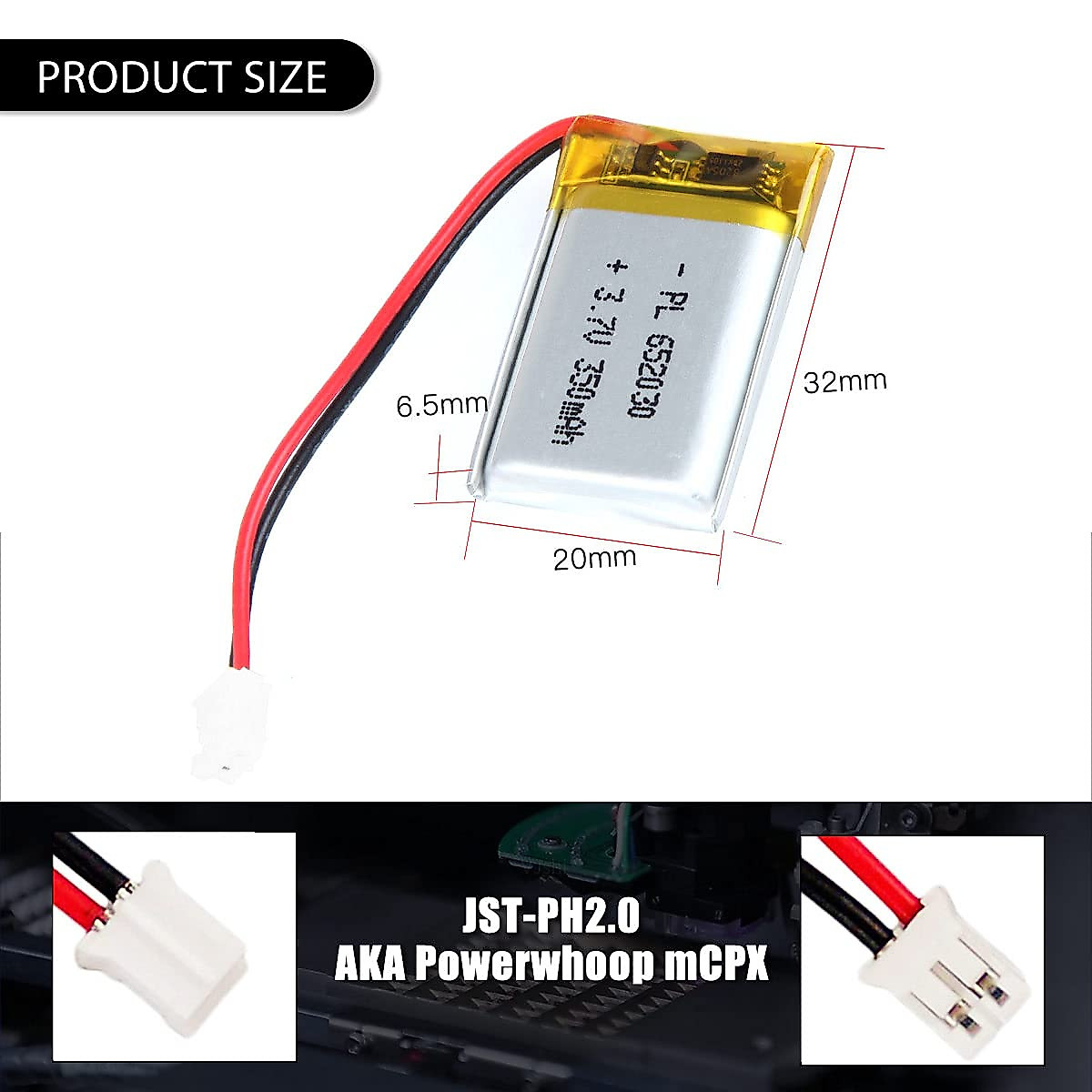 AKZYTUE 3.7V 350mAh 652030 Lipo Battery Rechargeable Lithium Polymer ion Battery Pack with PH2.0mm JST Connector