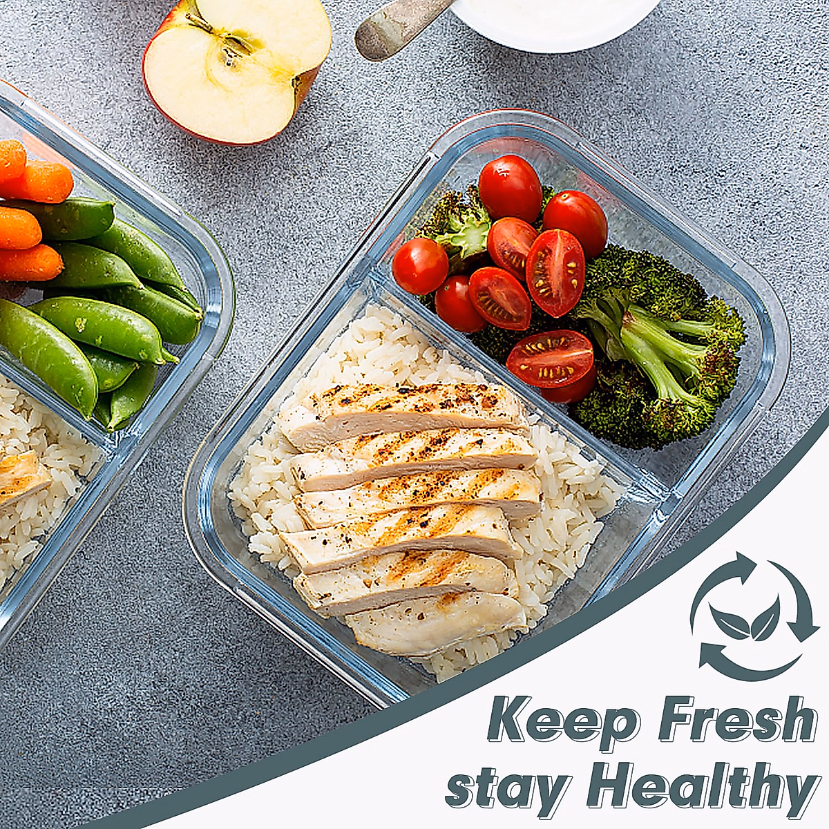 VERONES 10 Pack Glass Meal Prep Containers 2 Compartment Set, 30 OZ Airtight Glass Lunch Containers, Glass Food Storage Containers with Lids, for Microwave, Oven, Freezer & Dishwasher Friendly，Grey