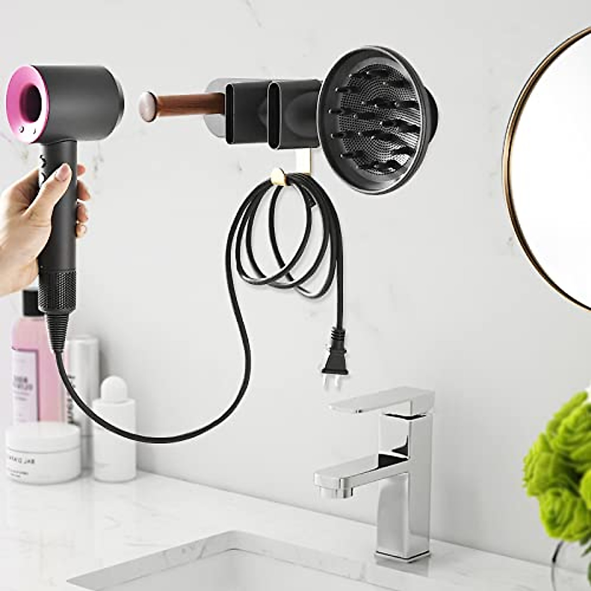 Wall Mount Hair Dryer Holder for Dyson Supersonic, Support Drilling or No-Drilling Installation Method, Magnetic Bracket Stand Storage Rack Organizer for Dyson Supersonic Hair Dryer, Diffuser, Nozzle