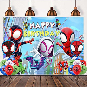 Spidey and His Amazing Friends Birthday Party Decorations, Spidey and His Amazing Friends Party Supplies Include Backdrop, Banner, Foil Balloons, Tablecloth