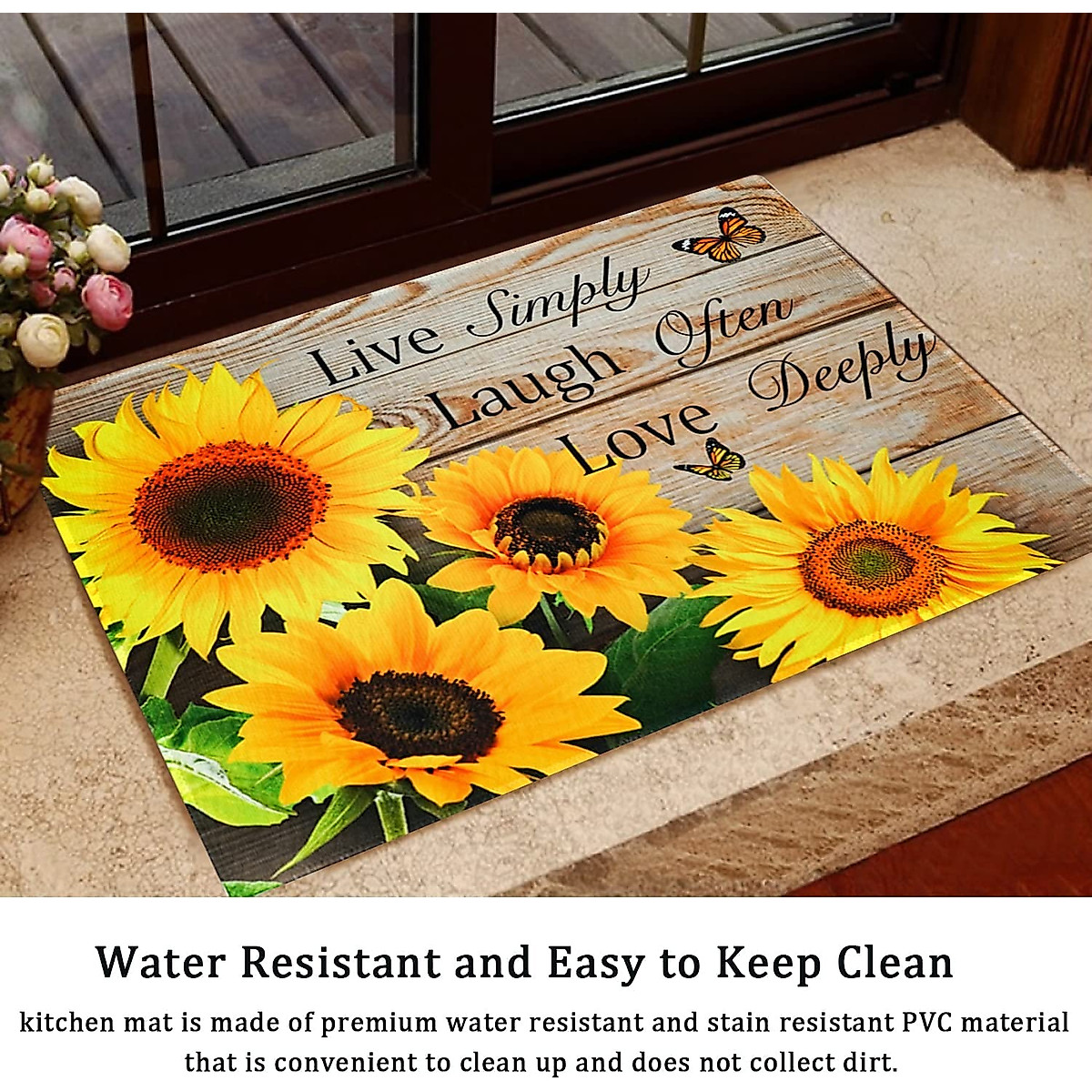 Sunflower Kitchen Rugs and Mats Yellow Sunflower on The Wooden Kitchen Decor Farmhouse Anti Fatigue Mat Non Skid Washable Standing Mat Live Laugh Love Kitchen Rugs17x30+17x47inch