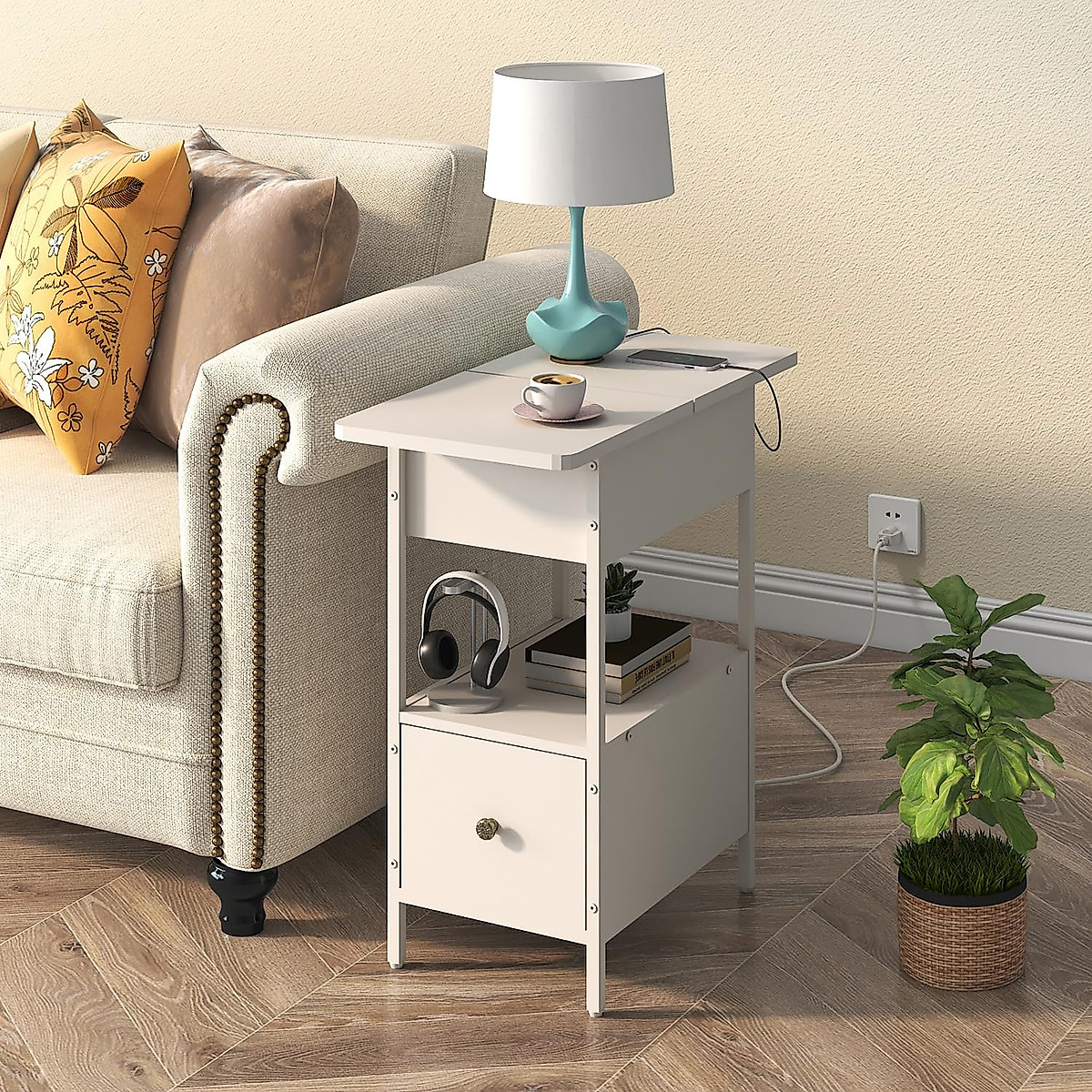 SOOWERY End Table with Charging Station, Narrow Side Table with Flip Top Cabinet and Fabric Drawer, Nightstand Bedside Tables for Small Spaces, Bedroom, Living Room, White