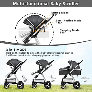 Blahoo Baby Stroller for Newborn, 2 in1 High Landscape Stroller, Foldable Aluminum Alloy Pushchair with Adjustable Backrest.Adjustable Awning, Variable Seat and Recliner(Black)