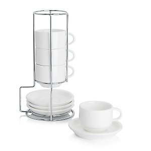 Sweese 2.5 Ounce Porcelain Stackable Espresso Cups with Saucers and Metal Stand Set of 4, White