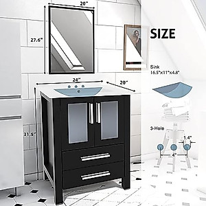 LUCKWIND 24" Modern Bathroom Vanity with Sink Combo, Black MDF Bathroom Storage Cabinet with Overflow 3-Hole Drop in Ceramic Vessel Sink Top & Mirror, Excluding Faucet