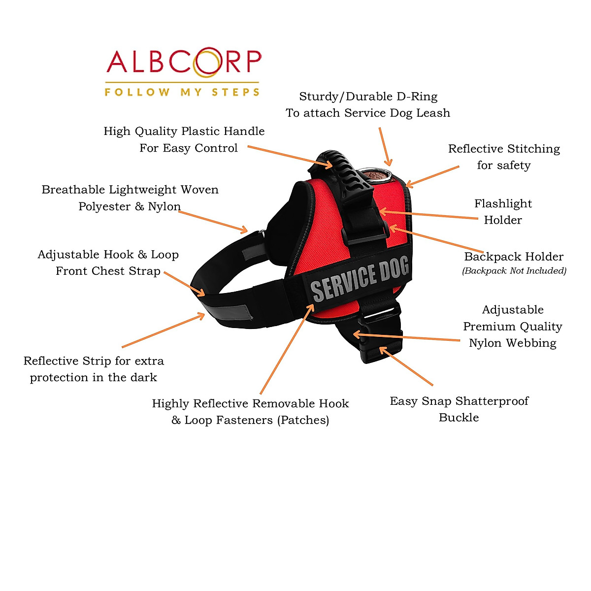 ALBCORP Service Dog Vest Harness - Reflective - Woven Polyester and Nylon, Comfy Mesh Padding - Sizes from XXS to XL – Service Dog Patches Included. Red Camo, Large