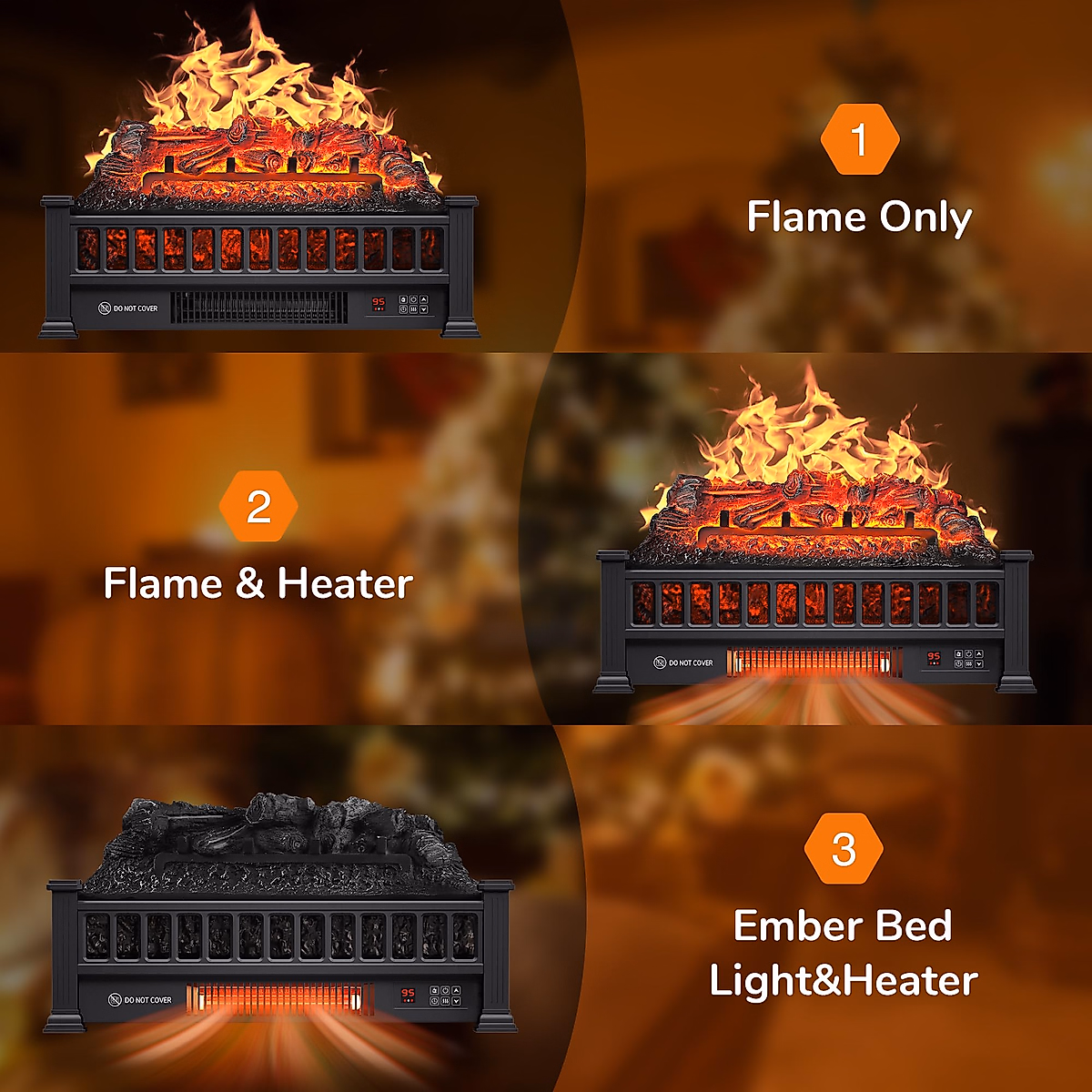 Alpaca Electric Fireplace Logs 20-Inch, Remote Controller Fireplace Insert Log Heater, Adjustable Flame Colors, Realistic Fake firewood Flame, Overheat Protection, Timer, Thermostat, 1500W Black