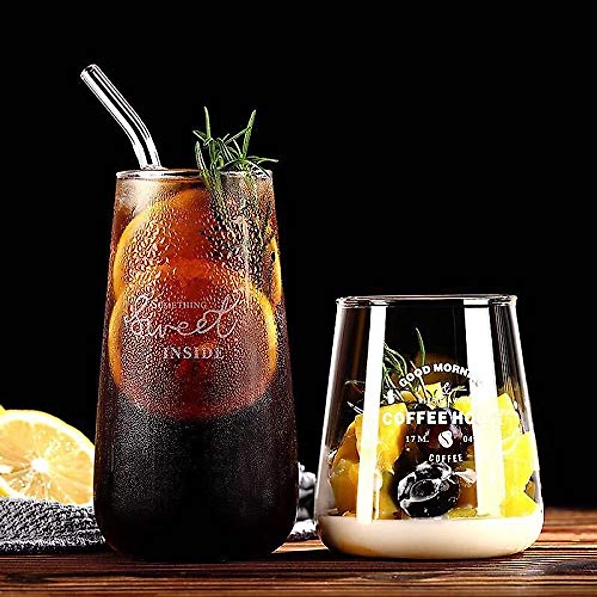 ALINK Glass Smoothie Straws, Reusable Clear Bent 9 in X 10 mm Drinking Straws, Set of 4 with Cleaning Brush