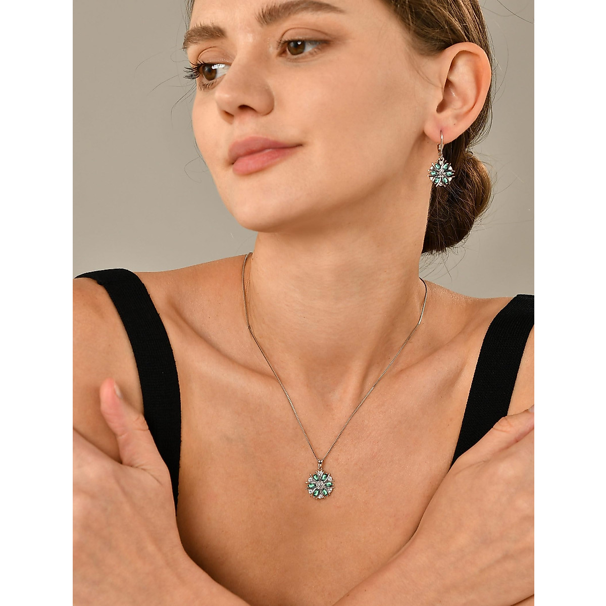 YL Snowflakes Earrings Sterling Silver Dangle Drop Earrings Created Emerald Leverback Jewelry for Women