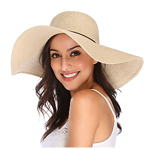 Lanzom Womens Wide Brim Straw Hat Big Floppy Foldable Roll up Cap Beach Sun Hat UPF 50+(String-Beige)