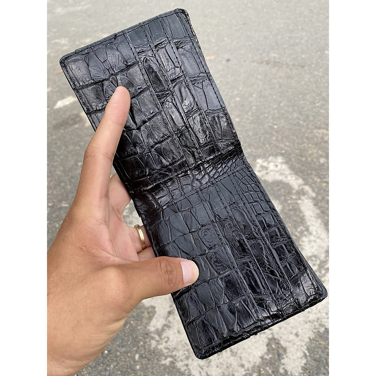 Viet Nam Black Double Side Genuine Real Alligator Hornback Leather Bi-fold Men's Wallet ,Handmade Crocodile Leather Wallet Men, XL