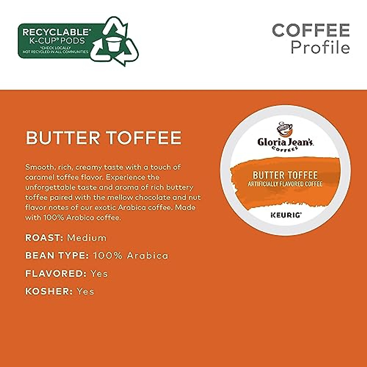 Gloria Jean's Coffees Butter Toffee, Single-Serve Keurig K-Cup Pods, Flavored Medium Roast Coffee, 24 Count (Pack of 1)