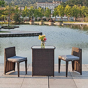 Bonnlo 3 PCS Wicker Outdoor Patio Bistro Set, Patio Furniture Set for Small Space with Glass Top Table Wicker Dining Chairs, Outdoor Balcony Furniture Dining Table Set for Garden Yard Porch