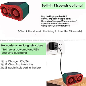 HULPPRE Solar Outdoor Motion Sensor Alarm-13 Sounds Including Dog Barking&Gunshot,2*130db Loud Noise Maker,+/-Volume,4 Modes,Support Recording,Strobe Light with USB,Say Goodbye to The Intruders