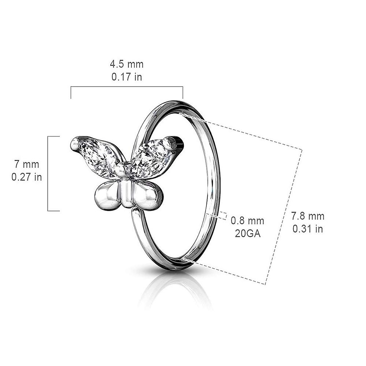 20GA CZ Butterfly Bendable Nose, Cartilage Hoop Ring (Silver)