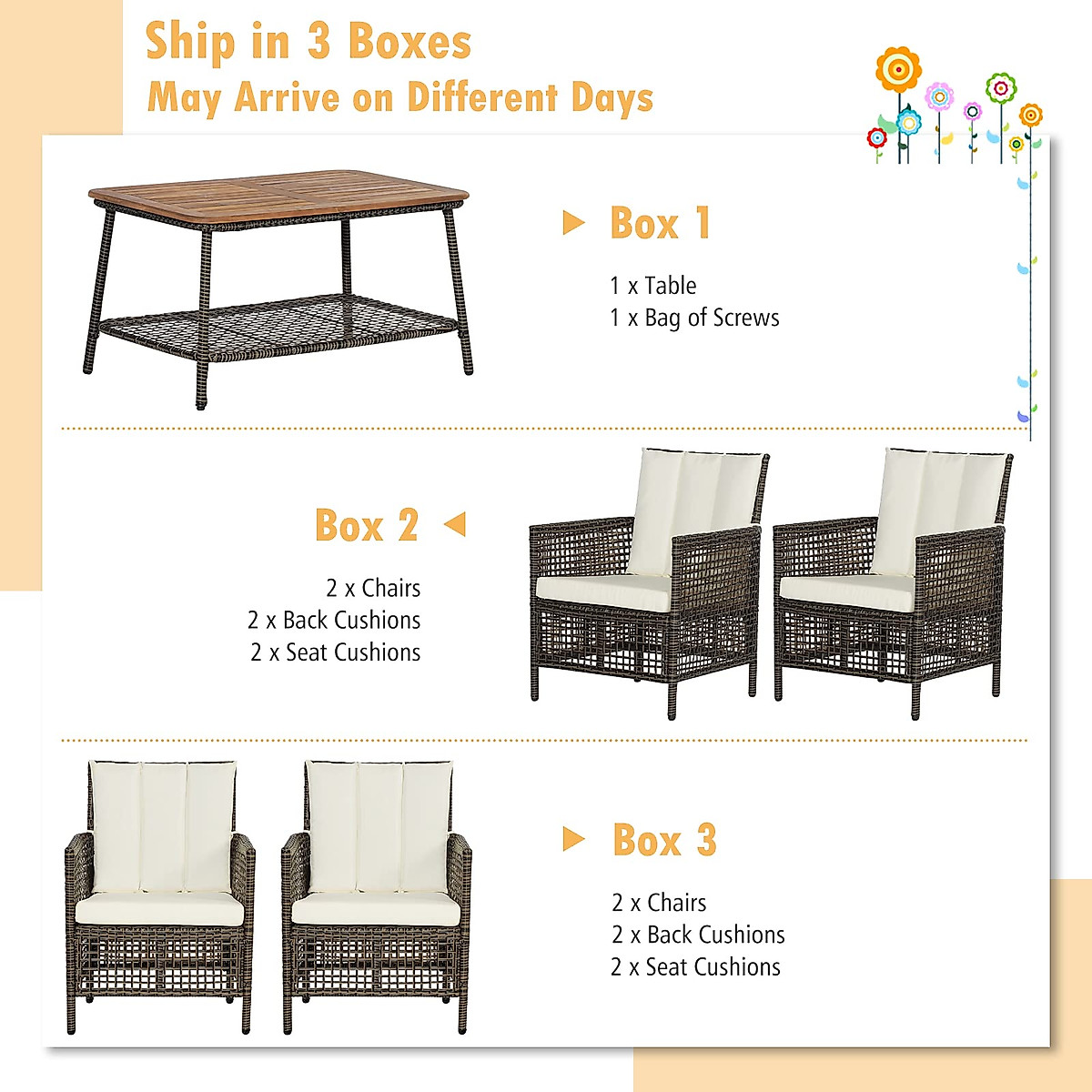 Tangkula 5 Piece Patio Furniture Set, Patiojoy Outdoor PE Wicker Sectional Sofa Set with 2-Tier Coffee Table, Acacia Wood Tabletop, Storage Shelf, Patio Conversation Set with Cushions (1, Off White)