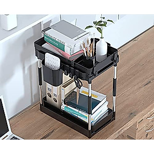 Double Sliding Under Sink Organizers and Storage - 2 Tier Pull Out Under Kitchen Cabinet Organizer w 4 Hanging Cup,8 Hooks,4 Dividers, Under Counter Sink Organization for Bathroom, Adjustable H and W