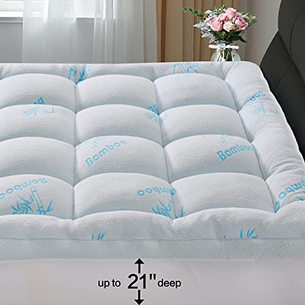 KELTARO Extra Thick Bamboo Mattress Topper Queen Size Bed,Cooling Mattress Pad Cover Plush Soft Noiseless Down Alternative Fill,with 8-21" Deep Pocket
