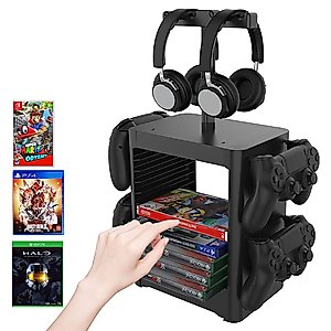 ASFSKY Game Organizer Storage Tower Game Controller Holder ABS Video Game Organizer Multifunctional Game Disk Rack Controller Organizer Headset Holder for PS5 PS4 Xbox Gamer Gifts