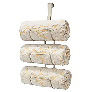 mDesign Modern Decorative Metal Wire Over Shower Door Towel Rack Holder Organizer - for Storage of Bathroom Towels, Washcloths, Hand Towels - 3 Tiers - Satin