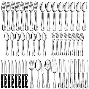 Homikit 77-Piece Silverware Set with Steak Knives and Serving Utensils, Stainless Steel Flatware Cutlery Set for 12, Modern Eating Utensil Tableware Sets with Pearled Edge, Include Knife Spoon Fork